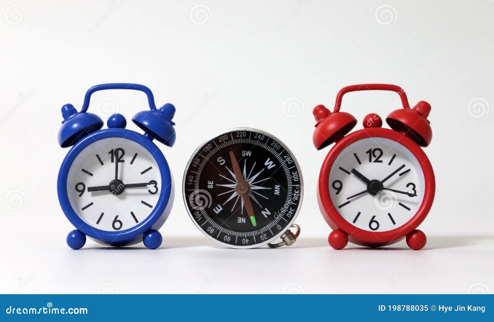 A Compass between Two Alarm Clock. Stock Image - Image of success ...