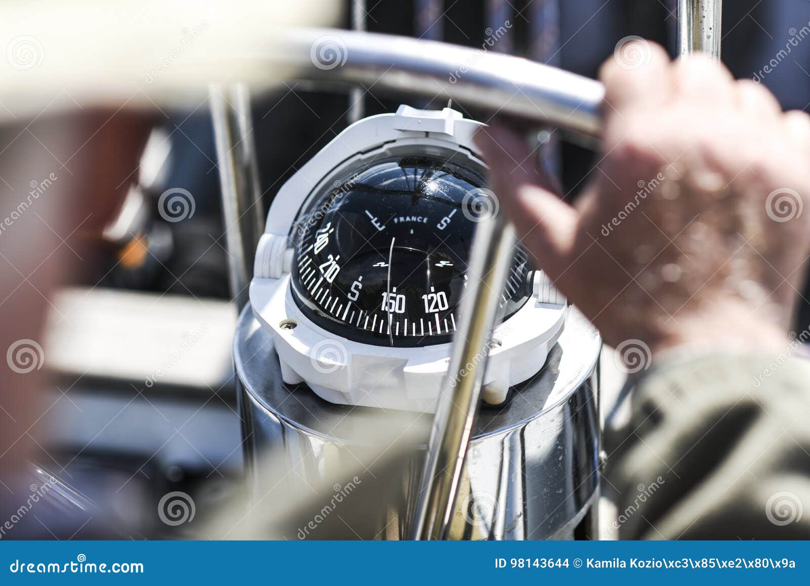A Compass, a View from Above the Steering Wheel on a Yacht. Stock Photo ...