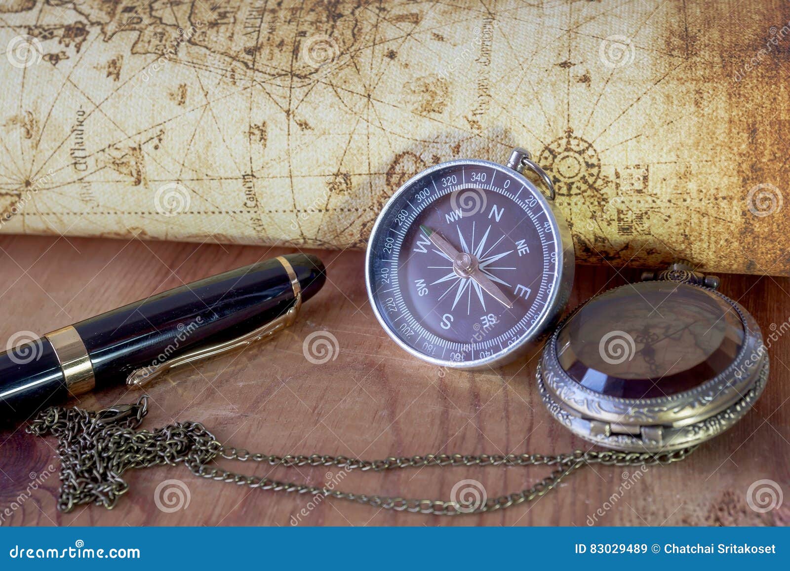 Compass on Vintage Map. Retro Style Stock Image - Image of century ...