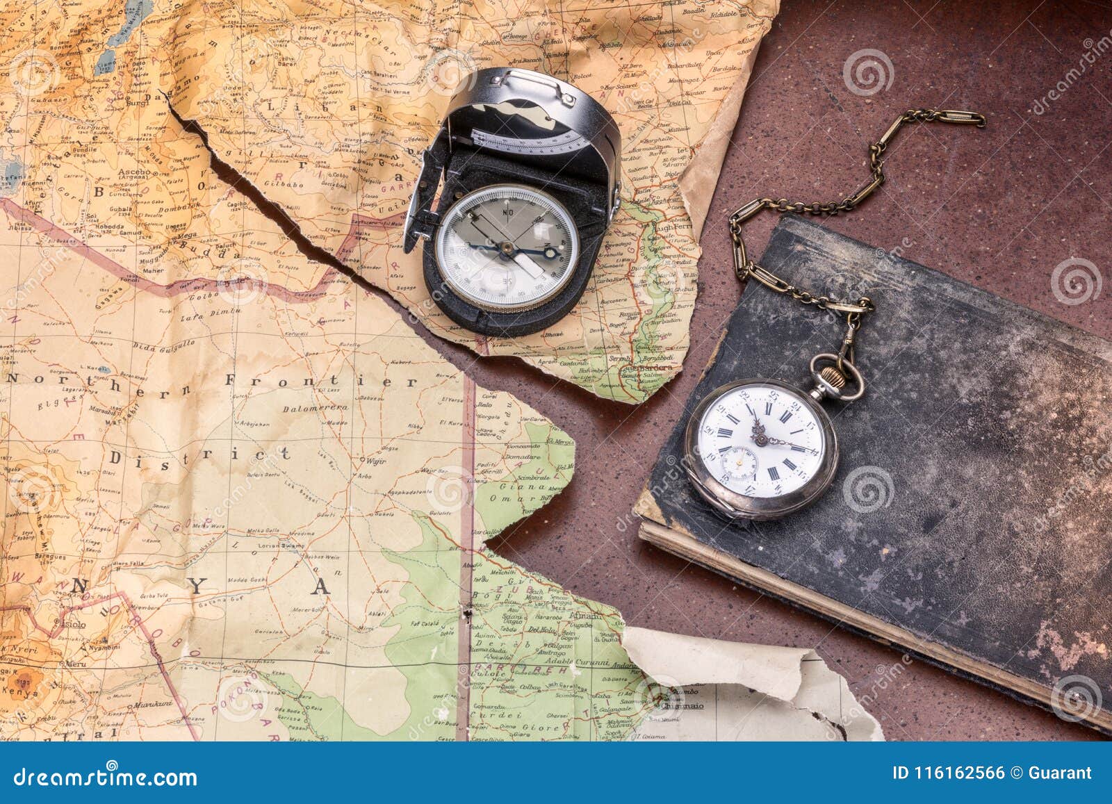 Compass Vintage Map Torn with Pocket Watch on Ancient Diary Stock Photo ...