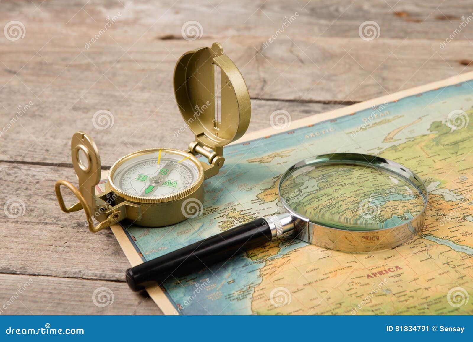 Compass and Vintage Map on the Wooden Desk Stock Image - Image of ...