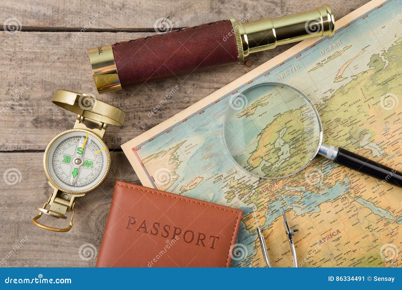 Compass and Vintage Map on the Wooden Desk Stock Image - Image of earth ...
