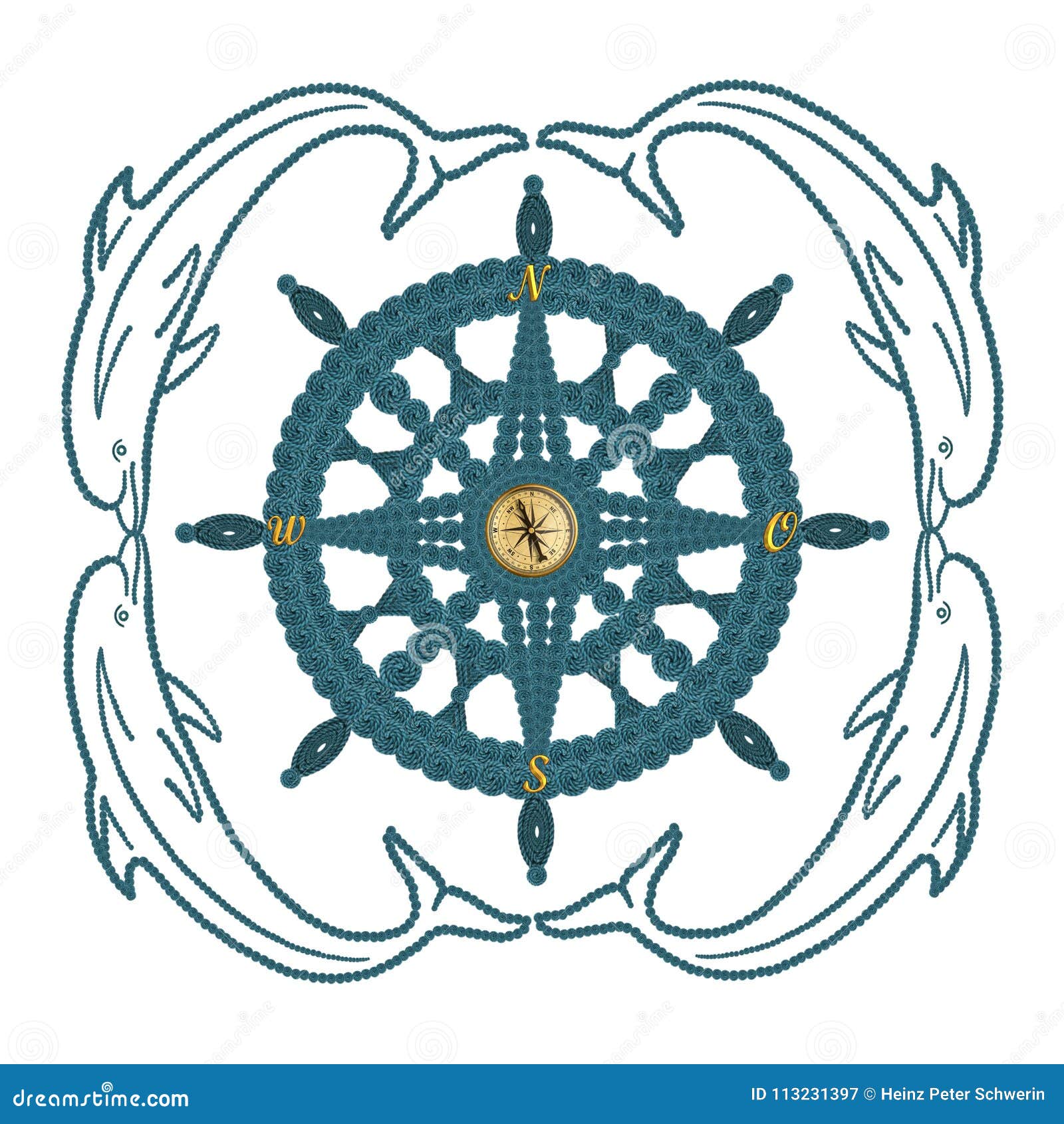 Compass wheel and dolphin stock illustration. Illustration of knot ...
