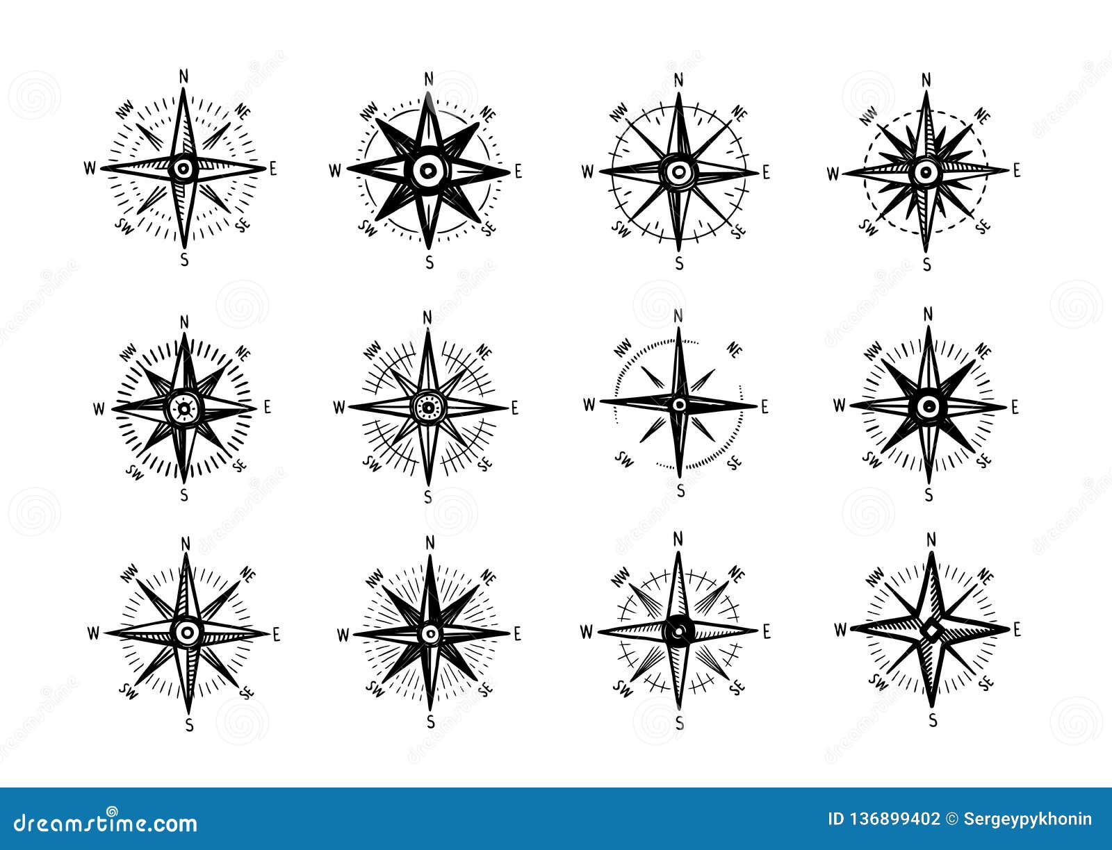 Compass, Wind Rose Icon Set. Marine Navigation Symbol. Sketch Vector ... Compass, Wind Rose Icon Set. Marine Navigation Symbol. Sketch Vector ...