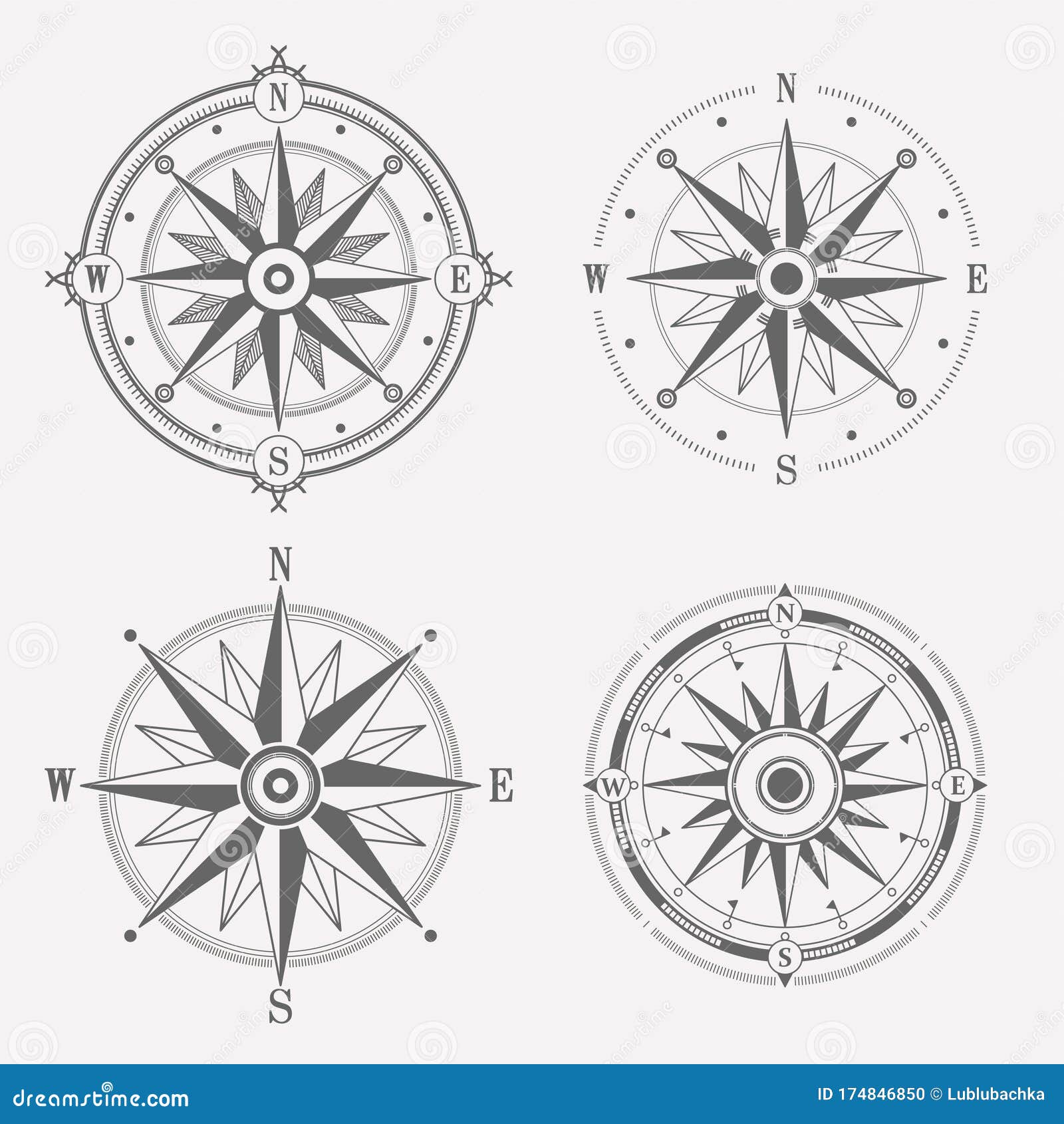 Compass Wind Rose Vector Design Elements in Set. Vintage Navigator Icon ...