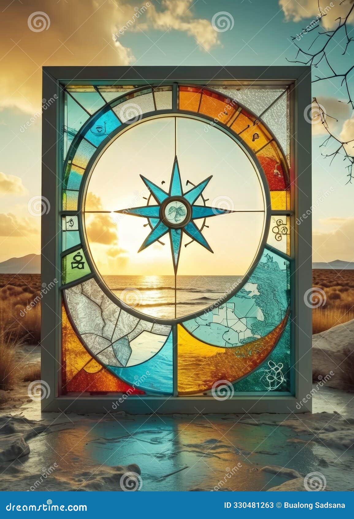 Compass Window with Sunset in the Background Stock Illustration ...