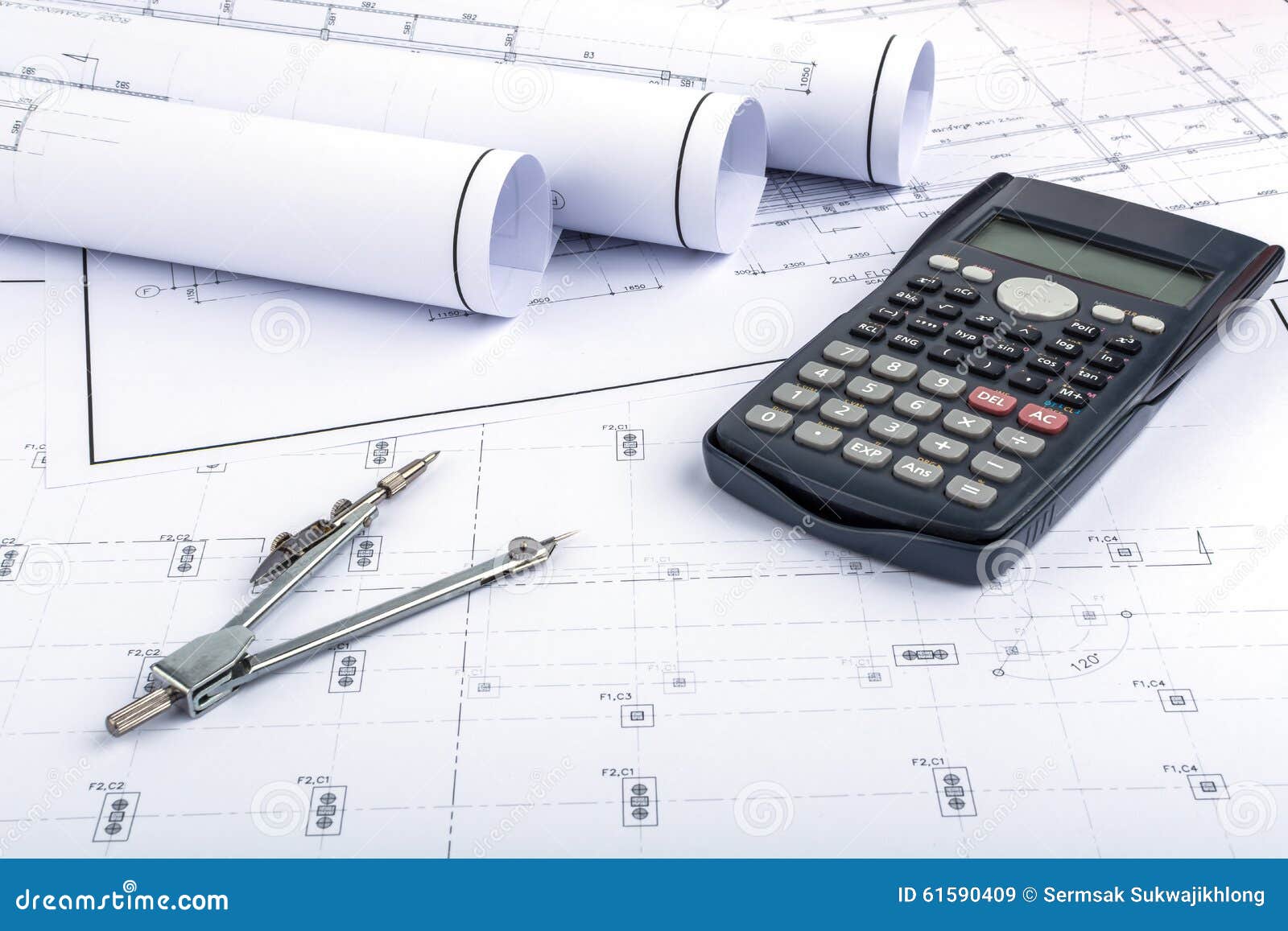 Compasses and Calculator on Plan Drawing Stock Image - Image of ...