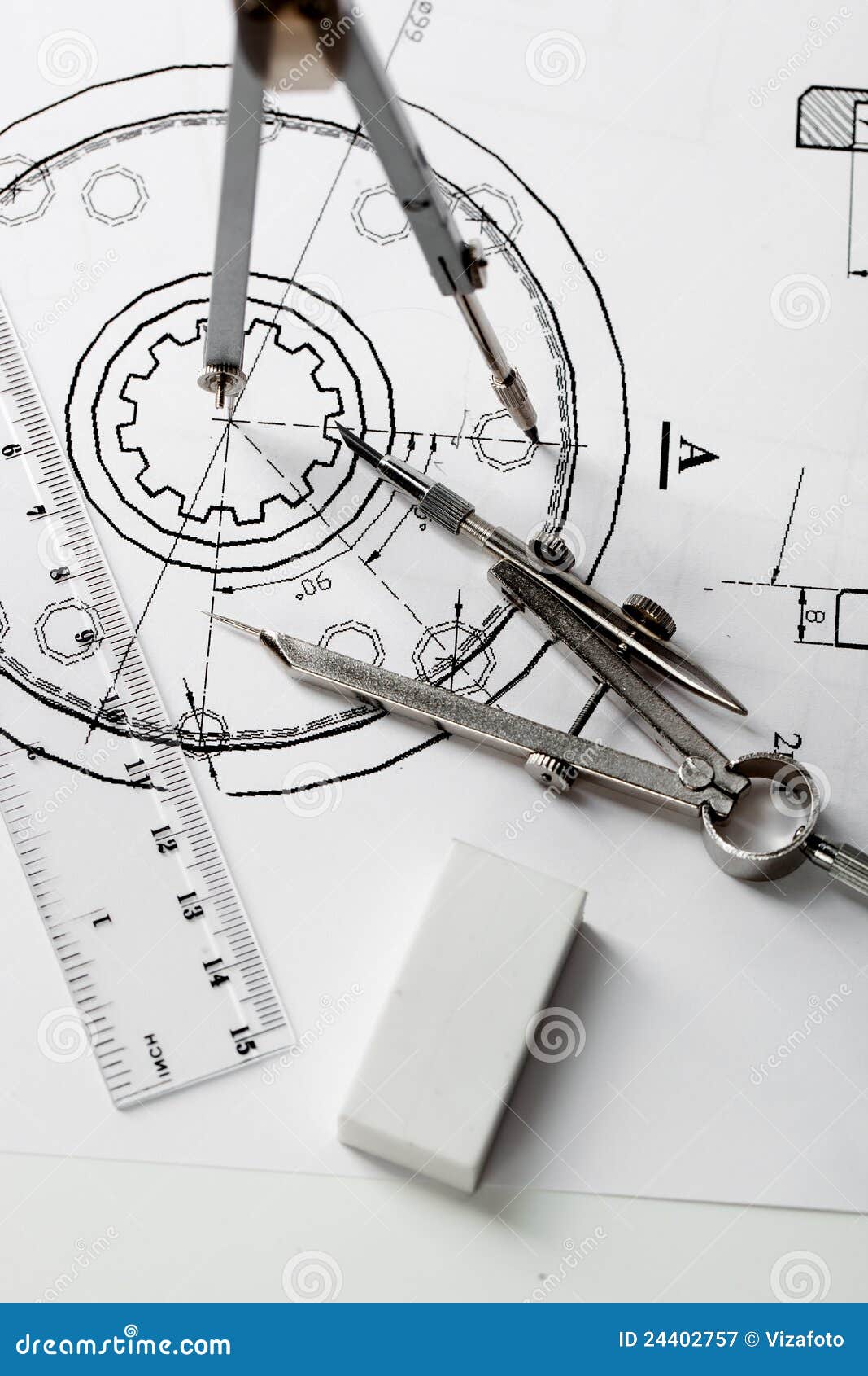 Compasses and the drawing. stock image. Image of abstract - 24402757