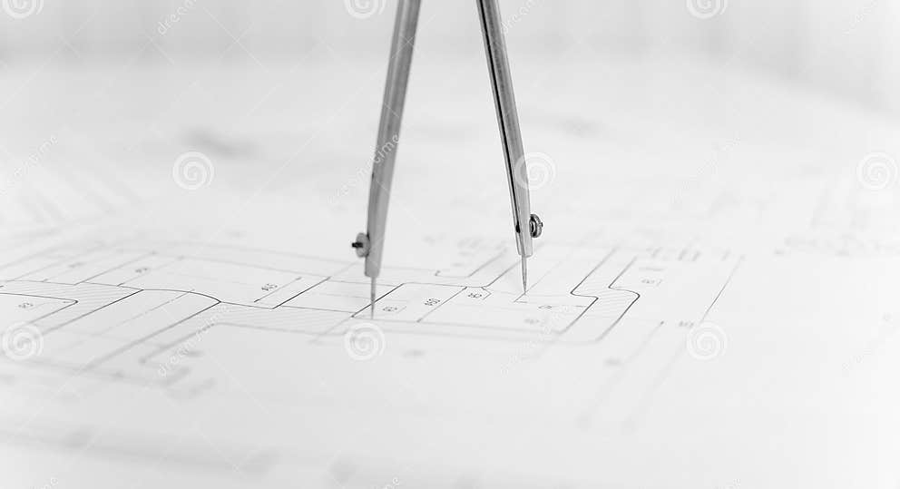 Compasses and Drawing Close Up Stock Photo - Image of measure, paper ...