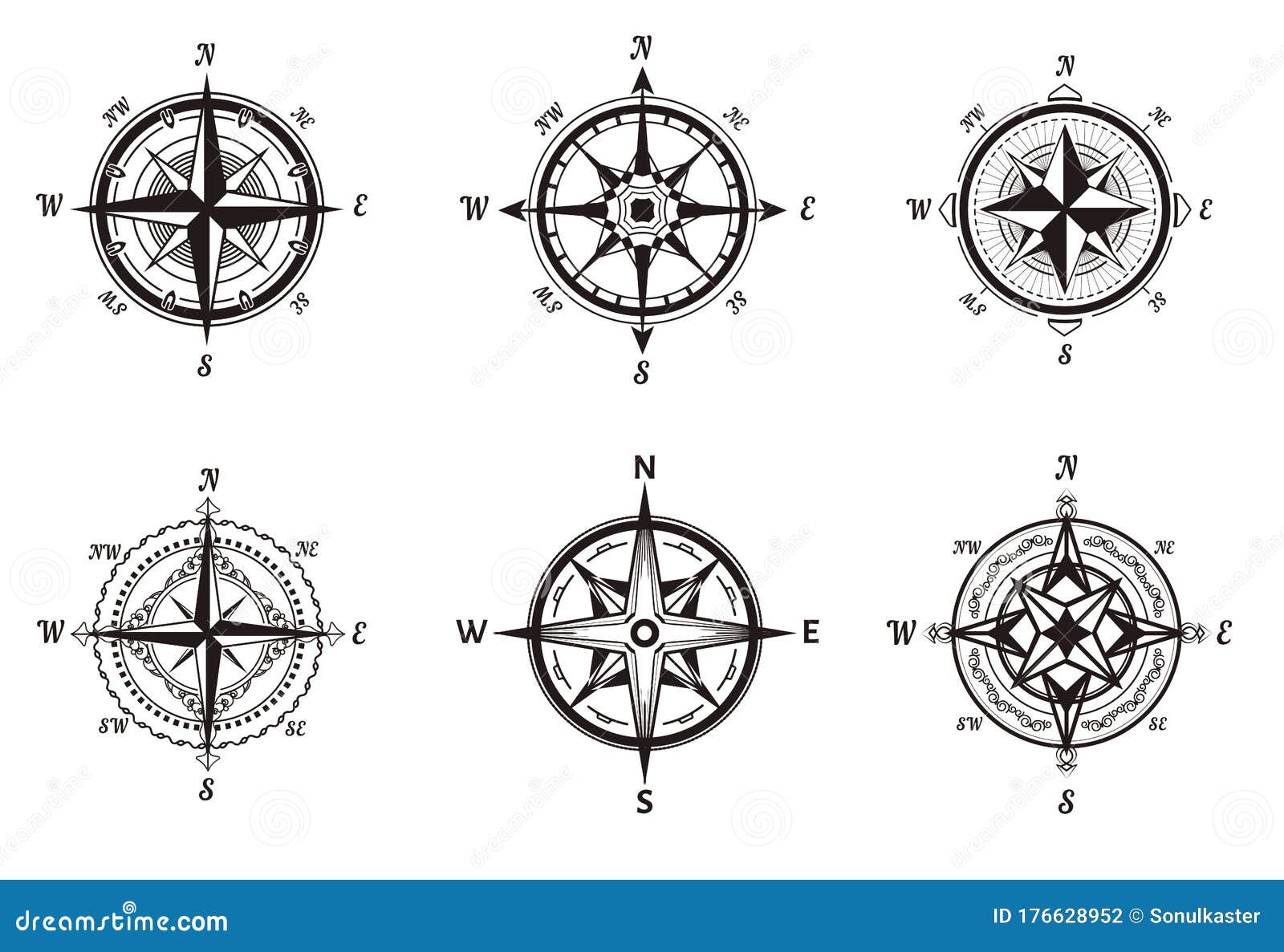 Compasses Isolated Icons Rose Of Wind Nautical Navigation Stock Vector Illustration Of Metal