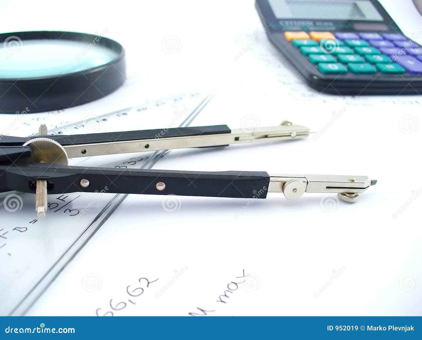 Compasses and Magnifying Glass Stock Image - Image of working, ruler ...