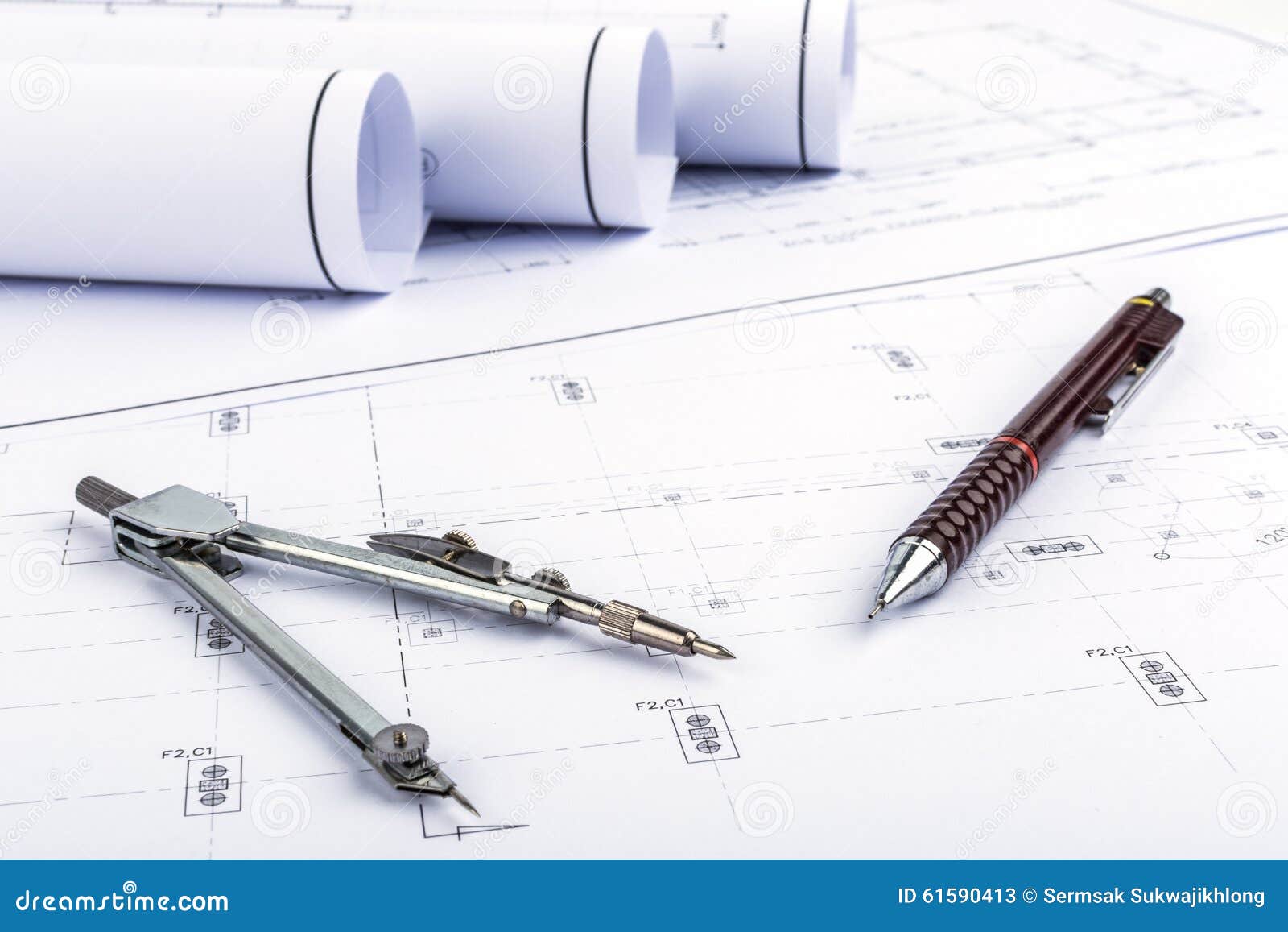 Compasses and Pen on Plan Drawing Stock Image - Image of engineering ...