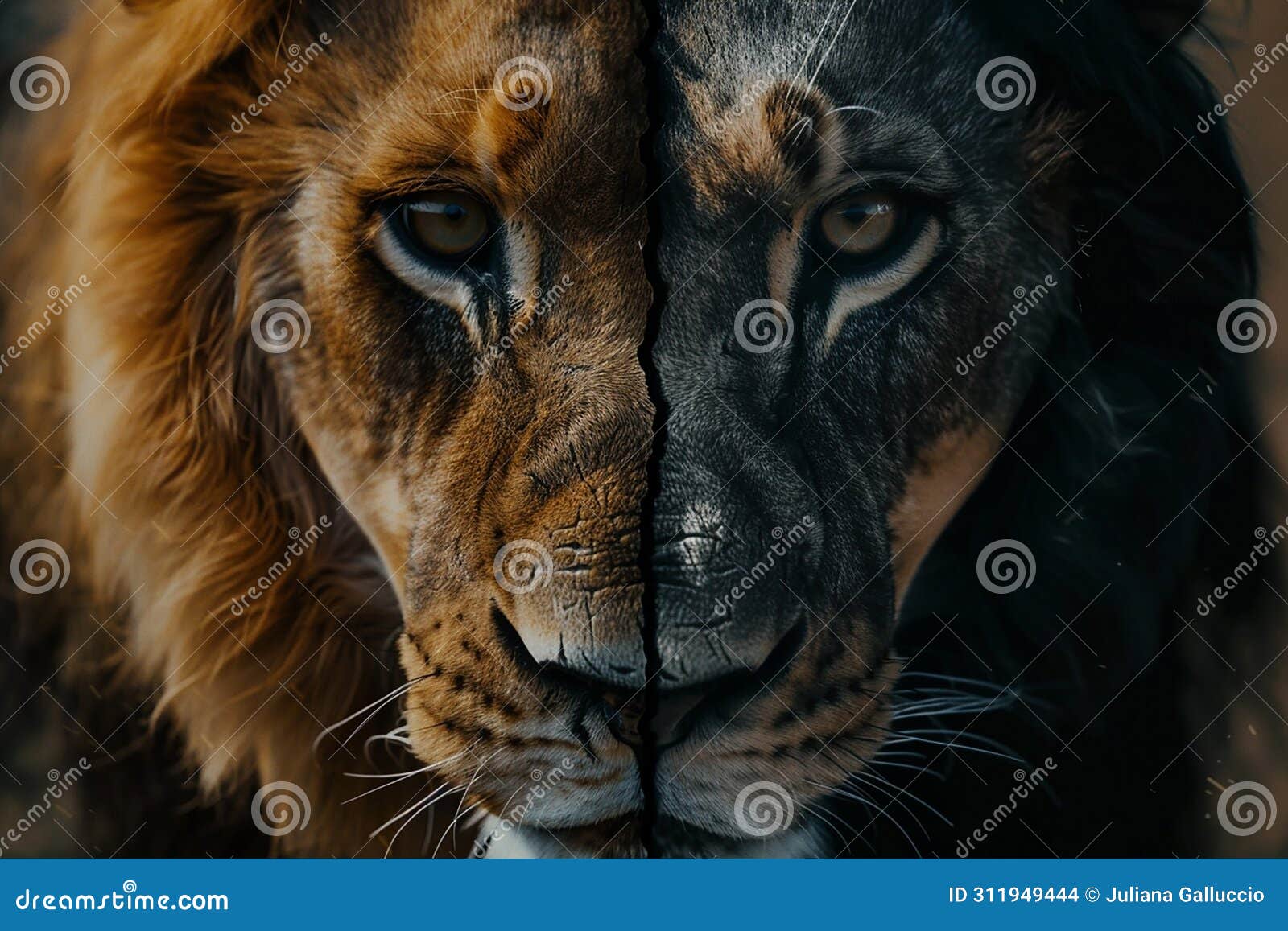 Split Face Portrait of Lion and Lioness Stock Illustration ...