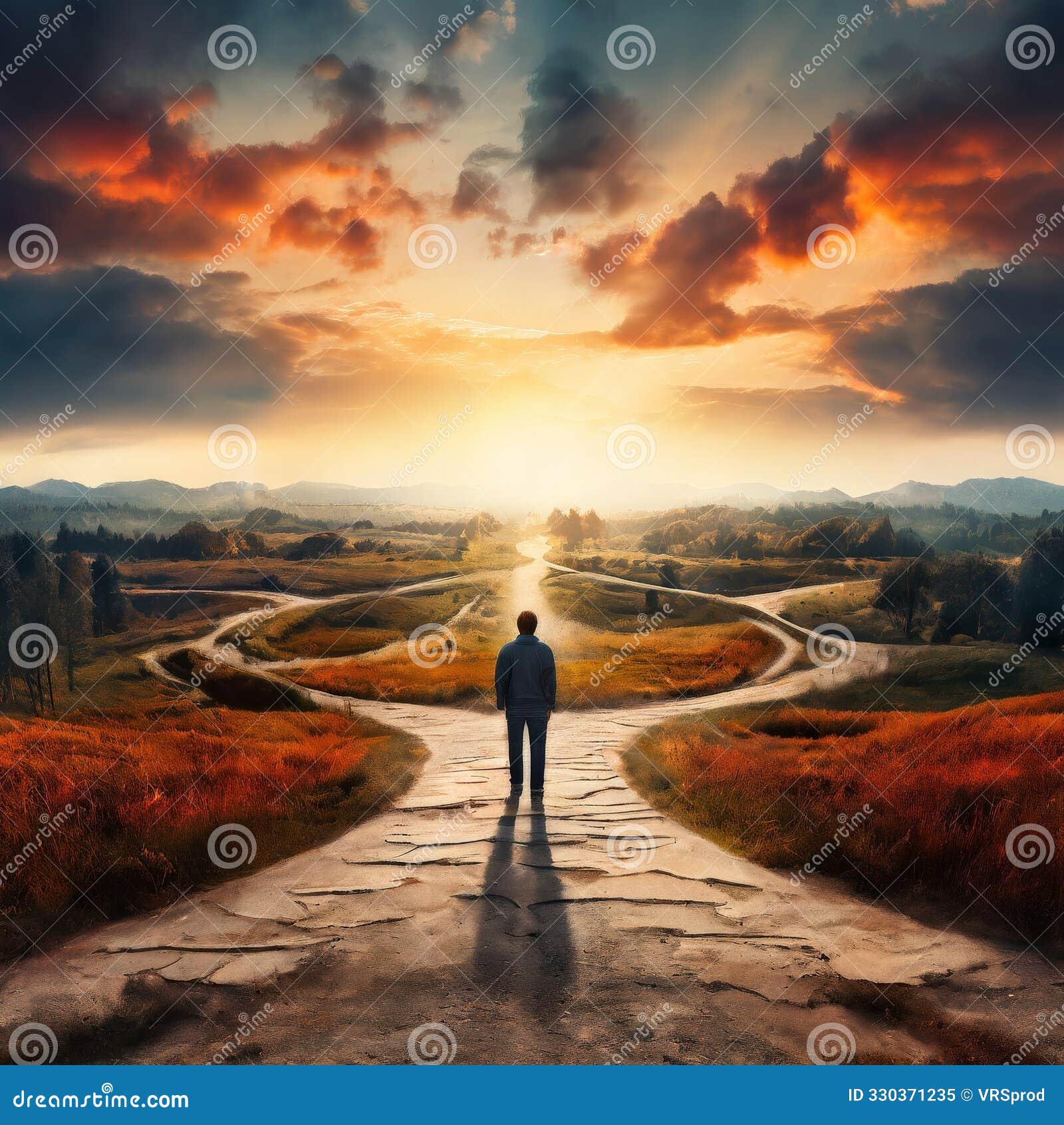 Man Standing at a Crossroads during a Dramatic Sunset Stock Image ...