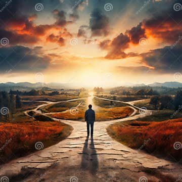 Man Standing at a Crossroads during a Dramatic Sunset Stock Image ...