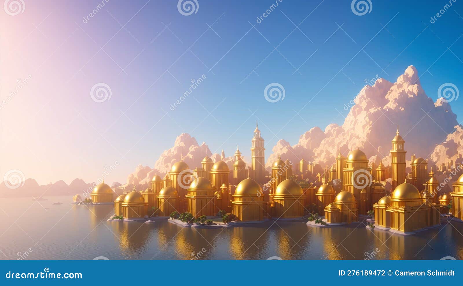 A Compelling Large Golden Castle on a Lake with a Sky Background AI ...