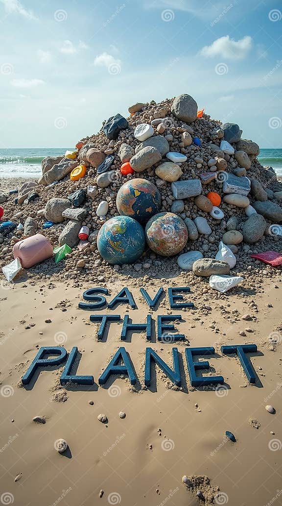 Save the Planet Message on Sandy Beach with Garbage Pile Stock ...