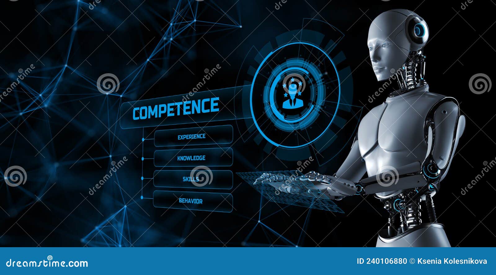 Competence Skills Concept. Robot Pressing Button on Screen 3d Render ...