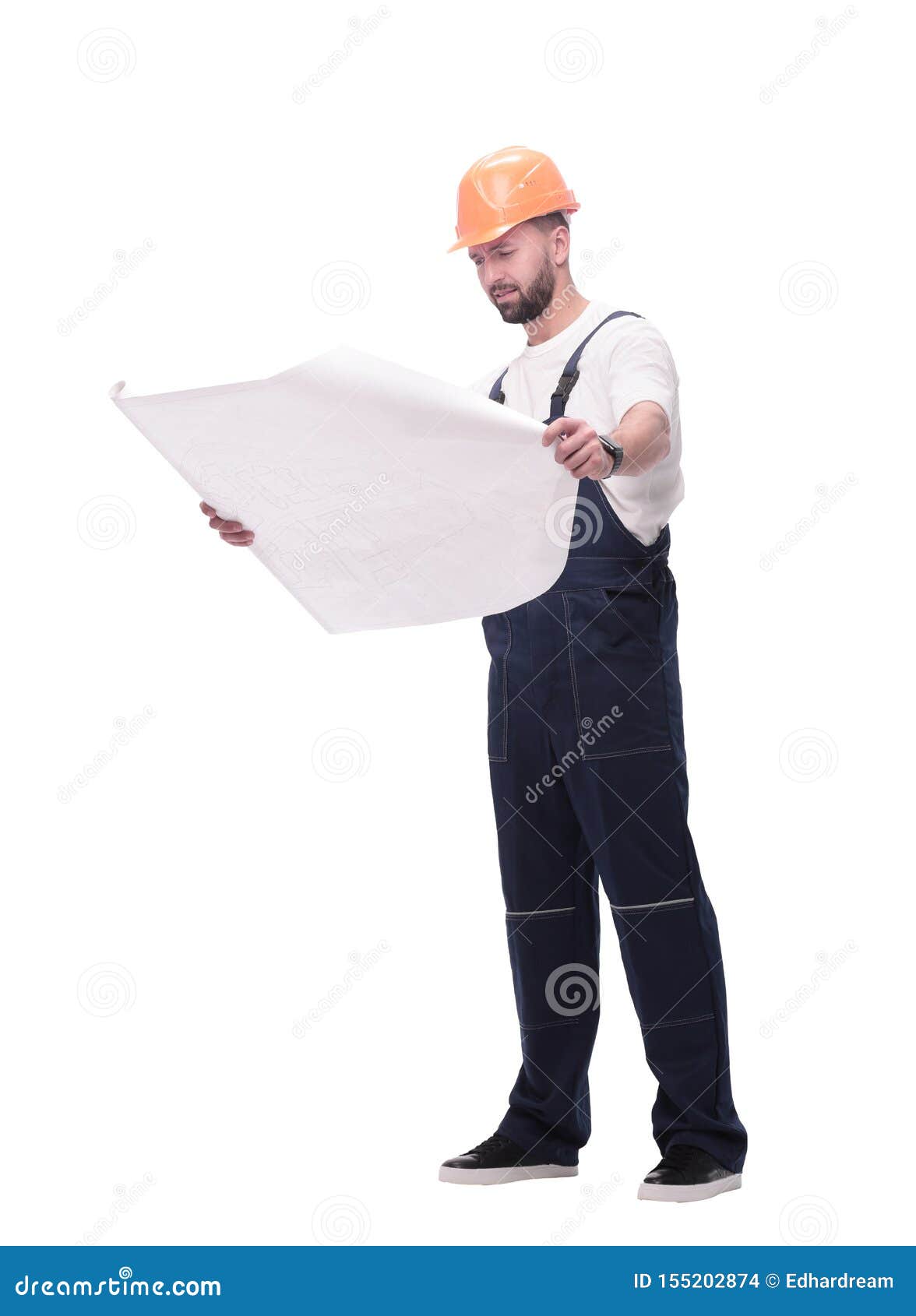 Competent Foreman Builder Looking at Drawings. Isolated on White Stock ...