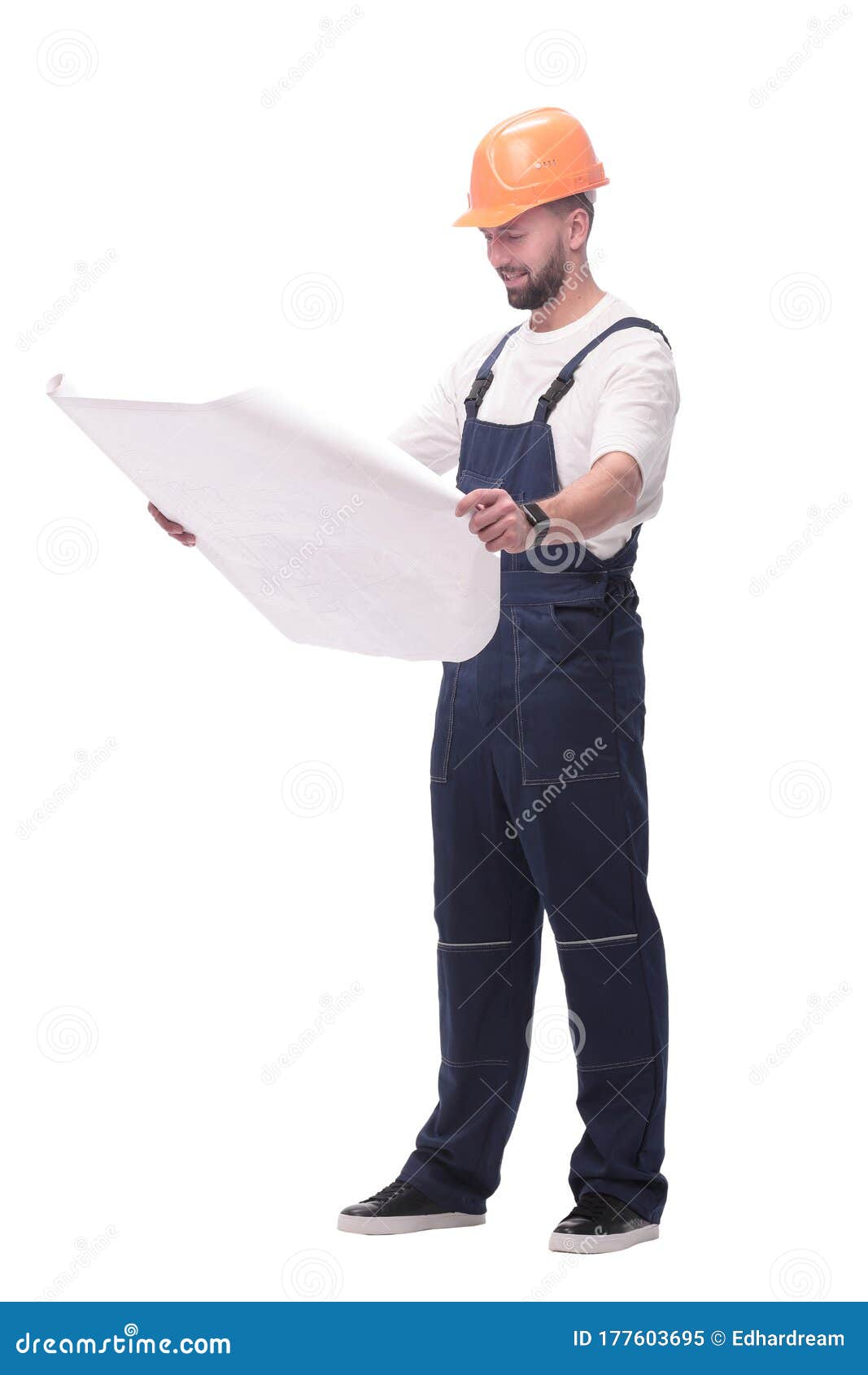 Competent Foreman Builder Looking at Drawings. Isolated on White Stock ...