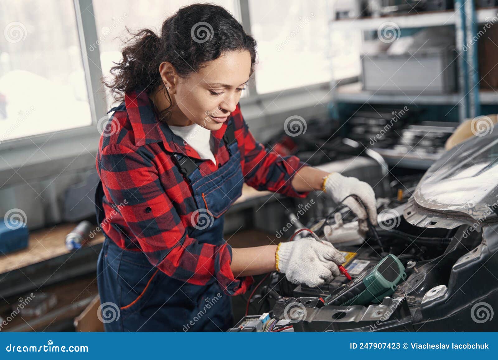 Pleased Female Mechanic Fixing Engine of Auto Stock Image - Image of ...