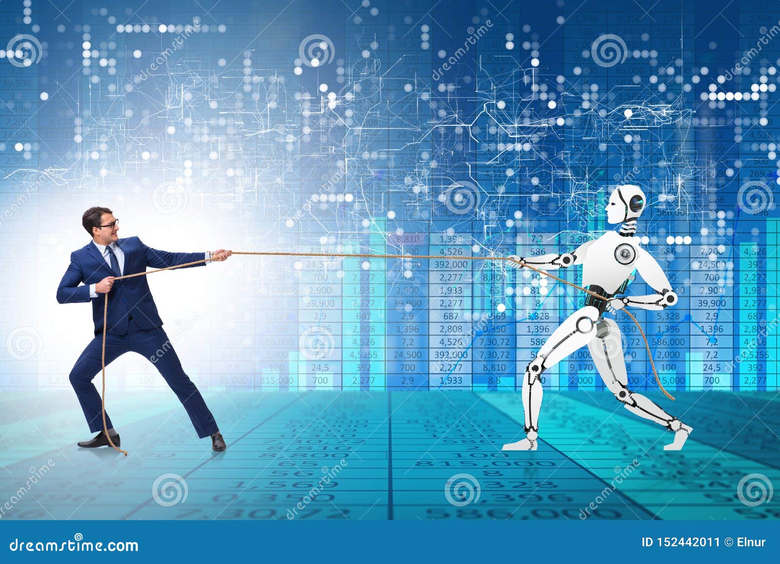 Competition between Humans and Robots in Tug of War Concept Stock Image ...
