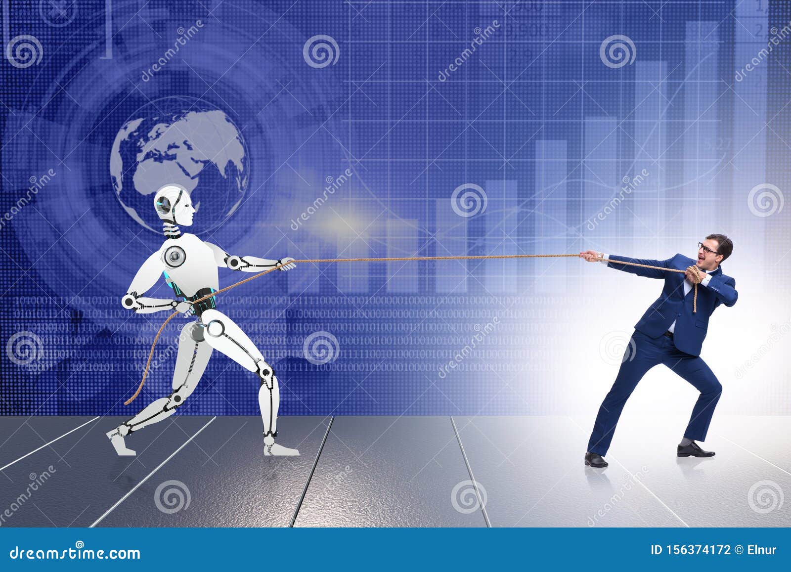 Competition between Humans and Robots in Tug of War Concept Stock Photo ...
