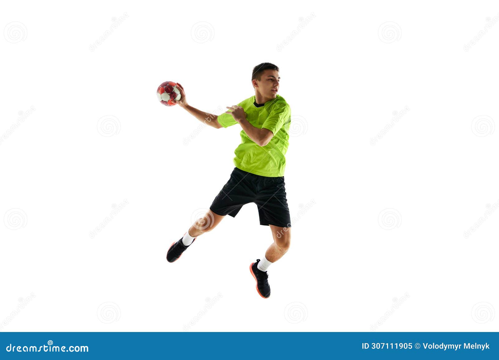 Competitive Young Guy in Uniform, Handball Player in a Jump, Throwing ...