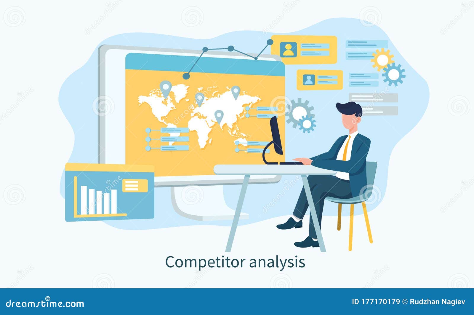 Competitor Analysis Concept With Man On Laptop Cartoon Vector ...