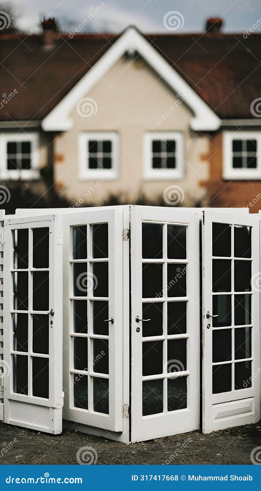 Compilation of White Windows and Doors Against Blurred House Background ...