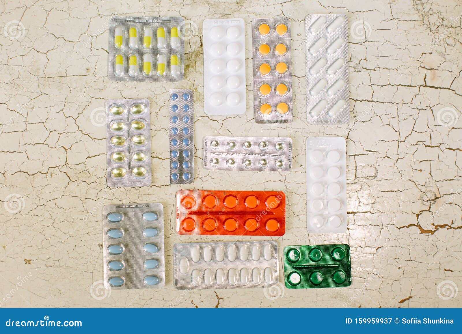 Compisition of Different Blister Packs of Tablets on Ancient White ...