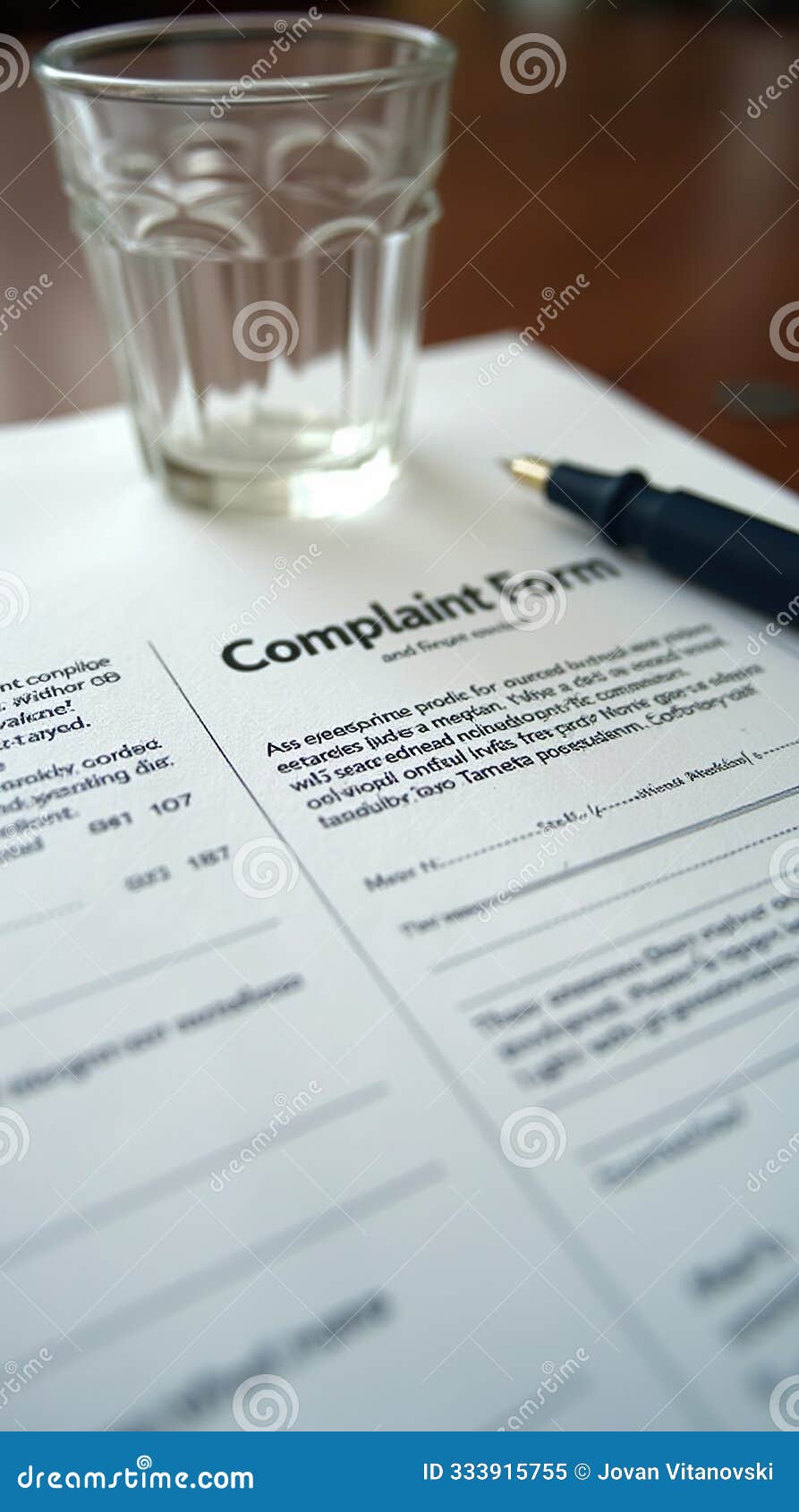 Complaint Form with Pen and Glass on Wooden Table Close-up Stock ...