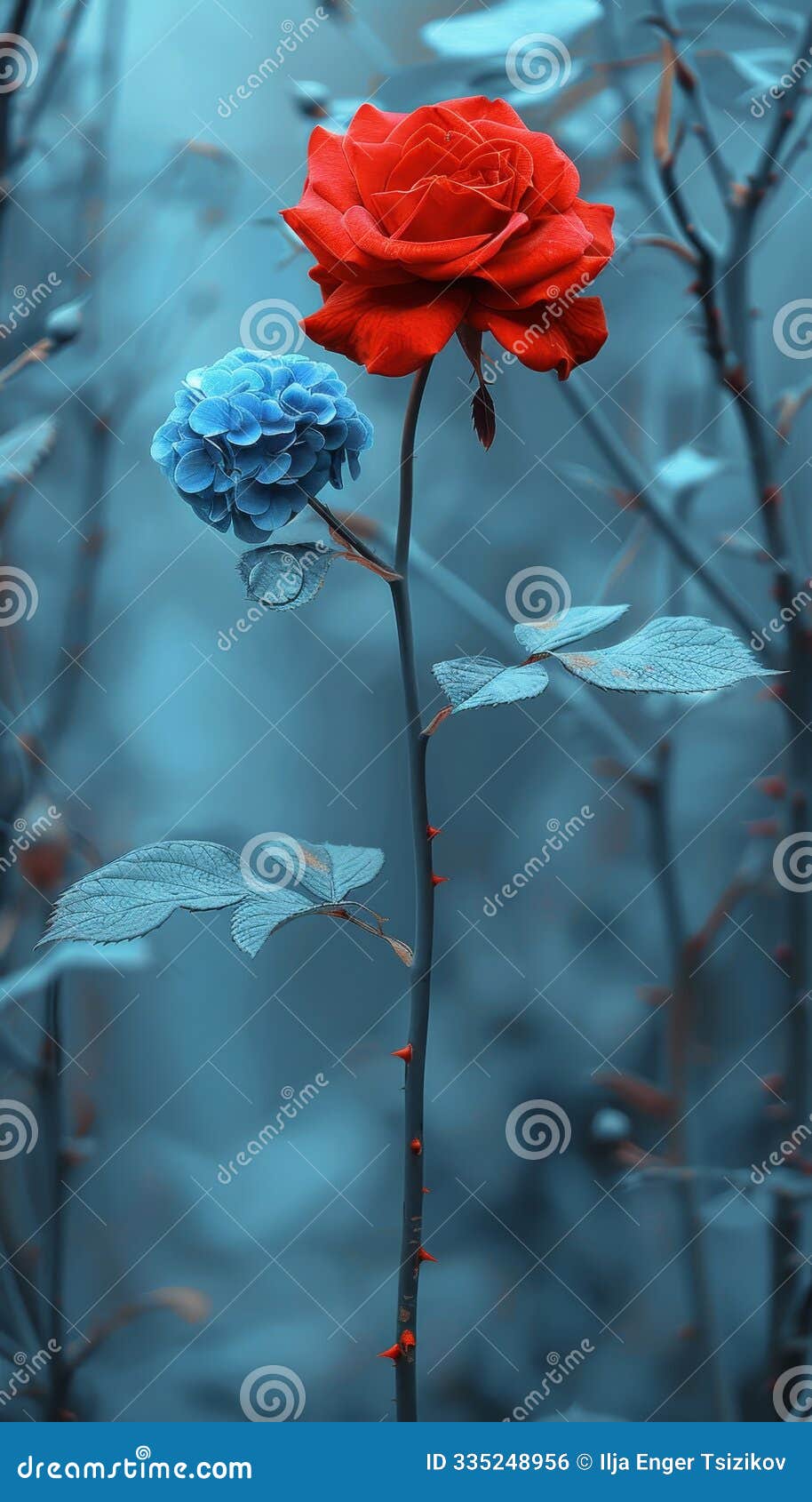 Complementary Colors Red Rose and Blue Hydrangea Blossom Amongst Soft ...