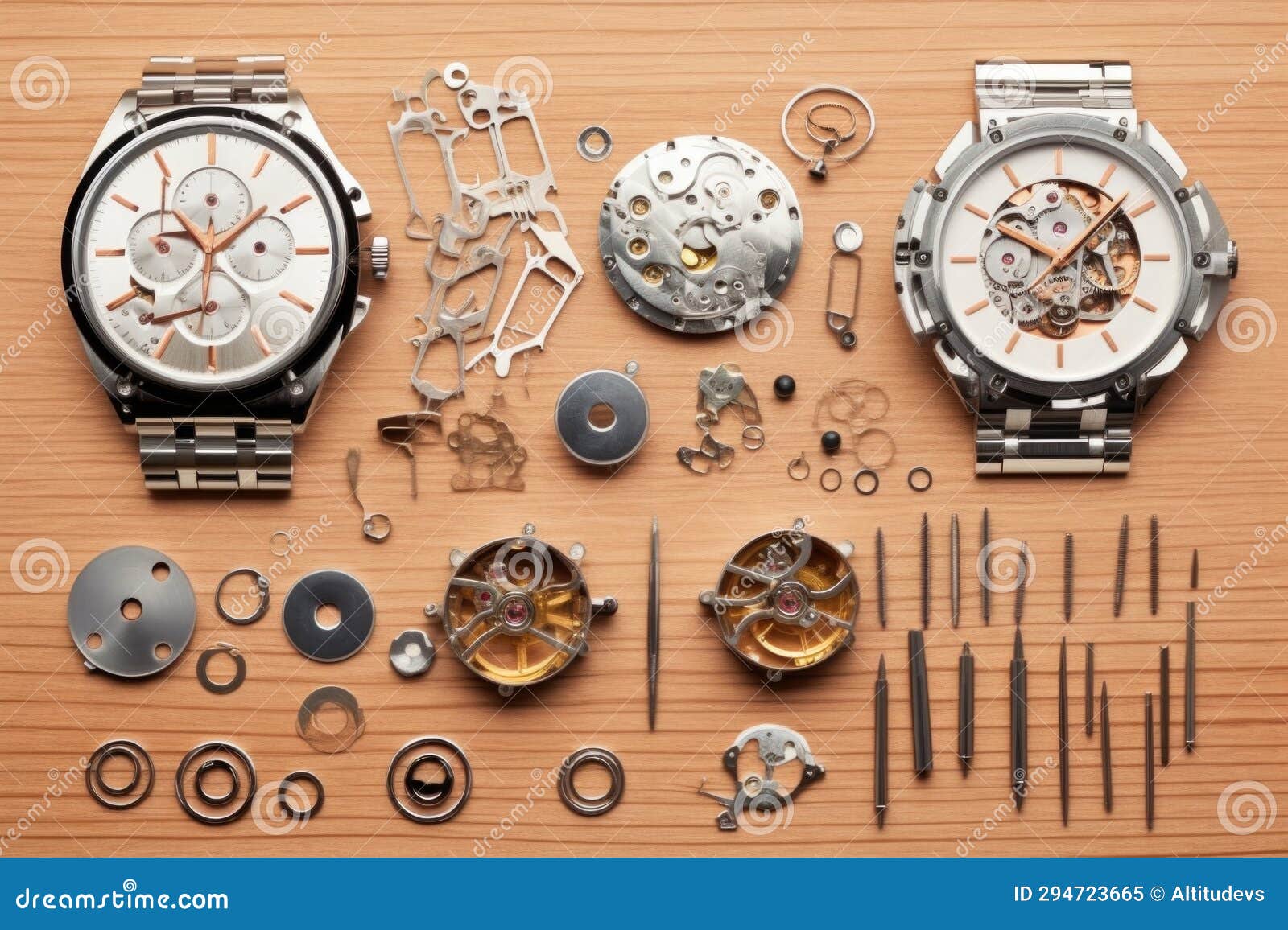 A Complete Disassembled Watch on a Light Wood Surface Stock Image ...