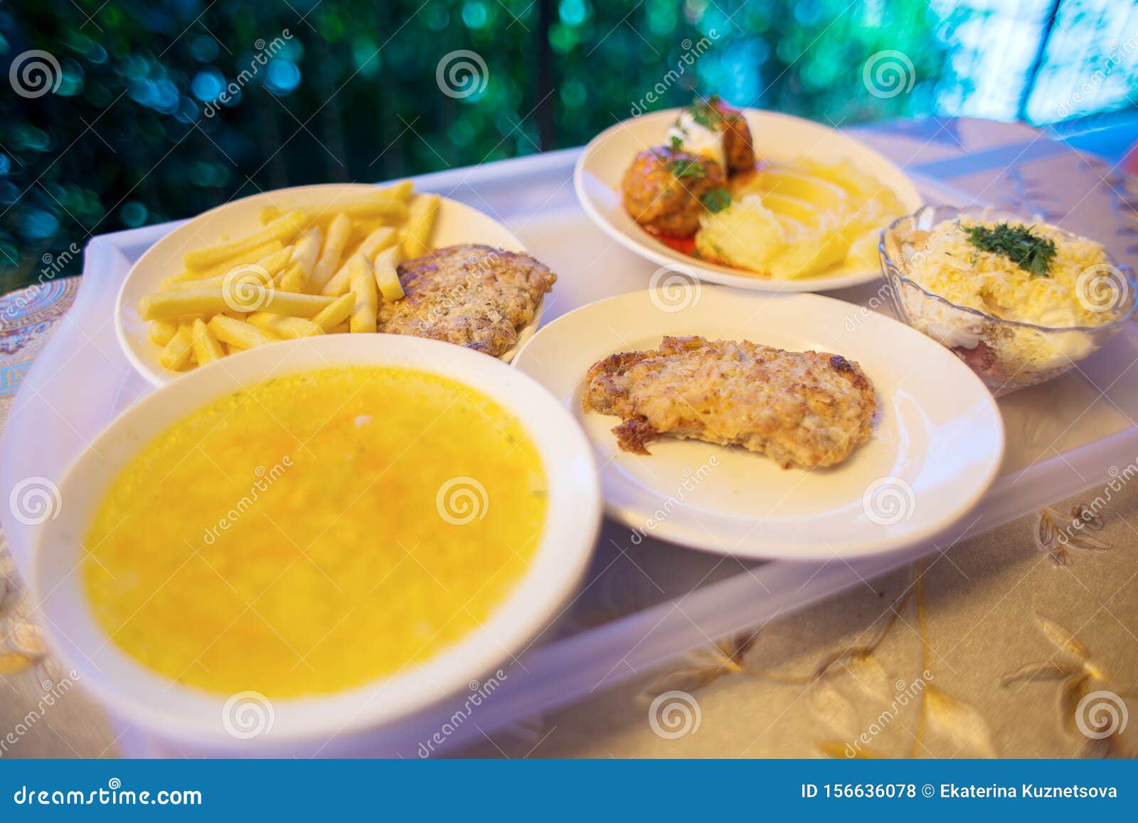 Complete Lunch on a Tray in the Dining Room. First, Second and Salad ...