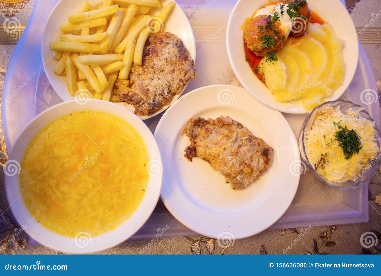 Complete Lunch on a Tray in the Dining Room. First, Second and Salad ...