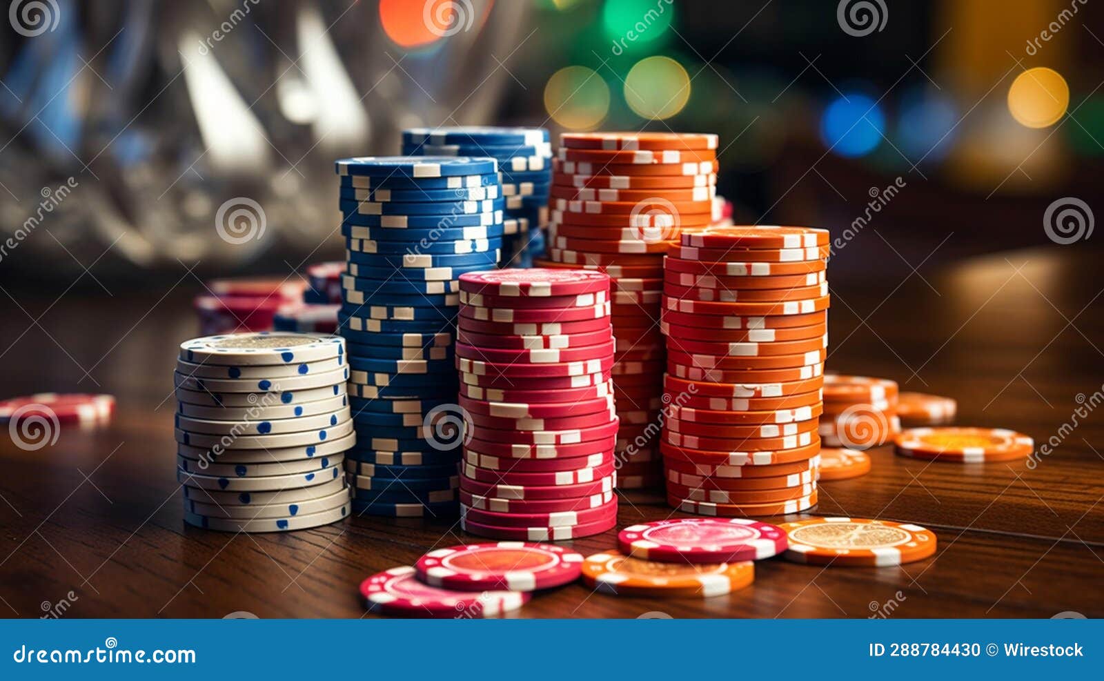 Complete Poker Set, Including Several Stacks of Colorful Chips, on a ...