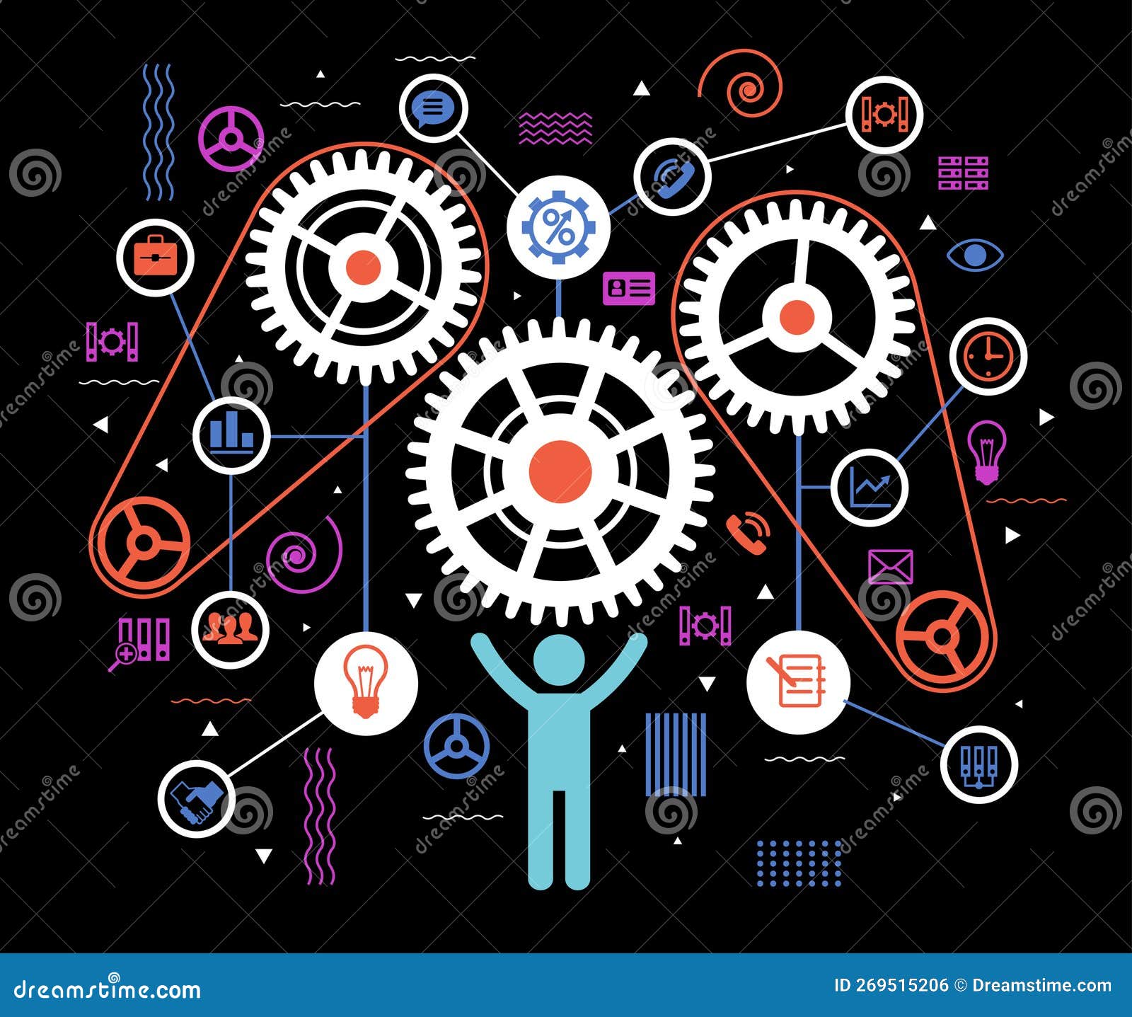 Complete the Process. Info Graphic Elements. Man Inserting a Cog into ...