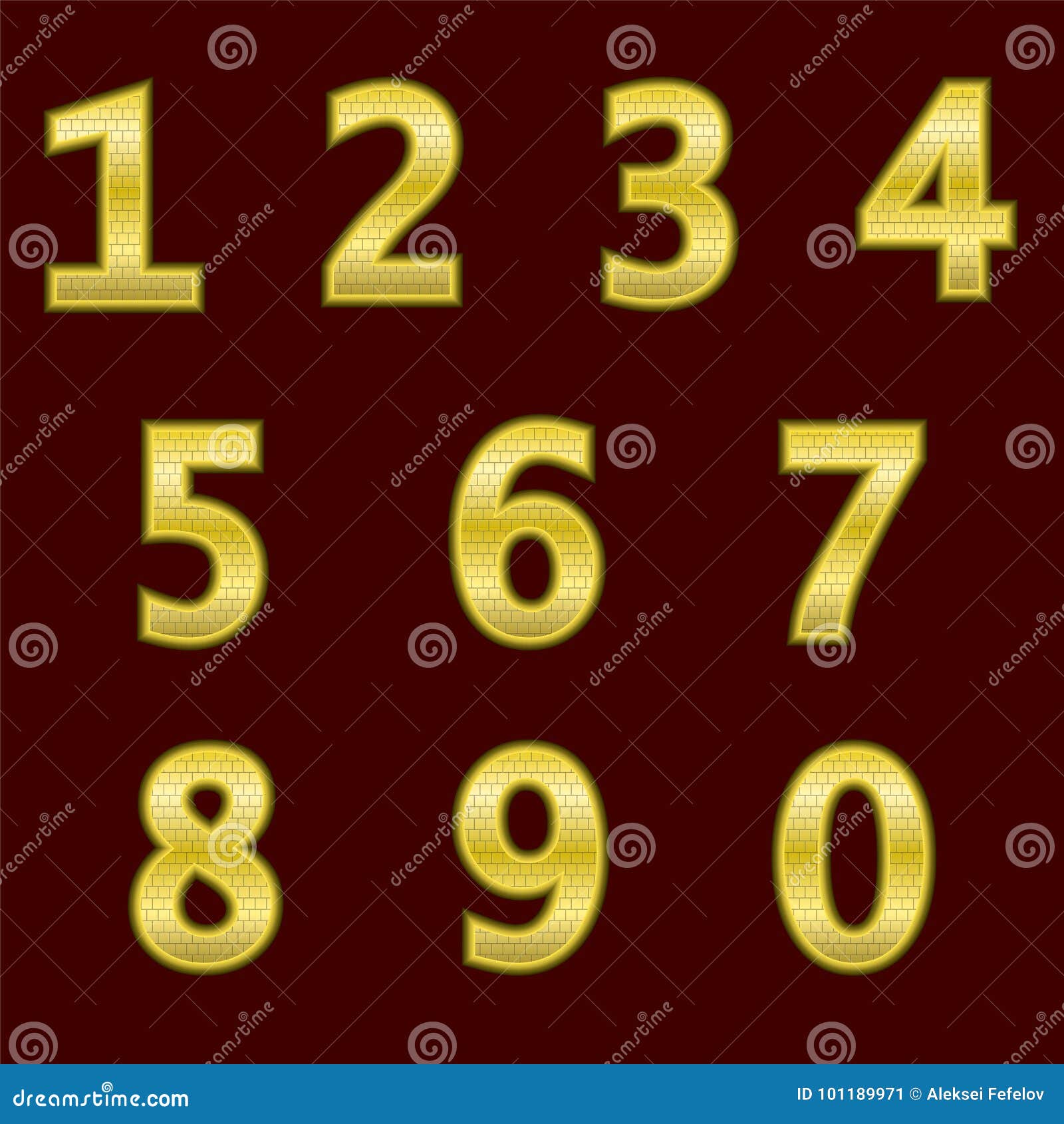 A Complete Set of Gold 3D Numbers with a Grid Relief. the Edges of the ...