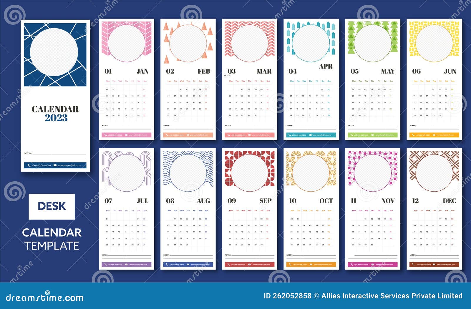 Complete Set of 12 Month, 2023 Desk Calendar Template Design with Empty ...