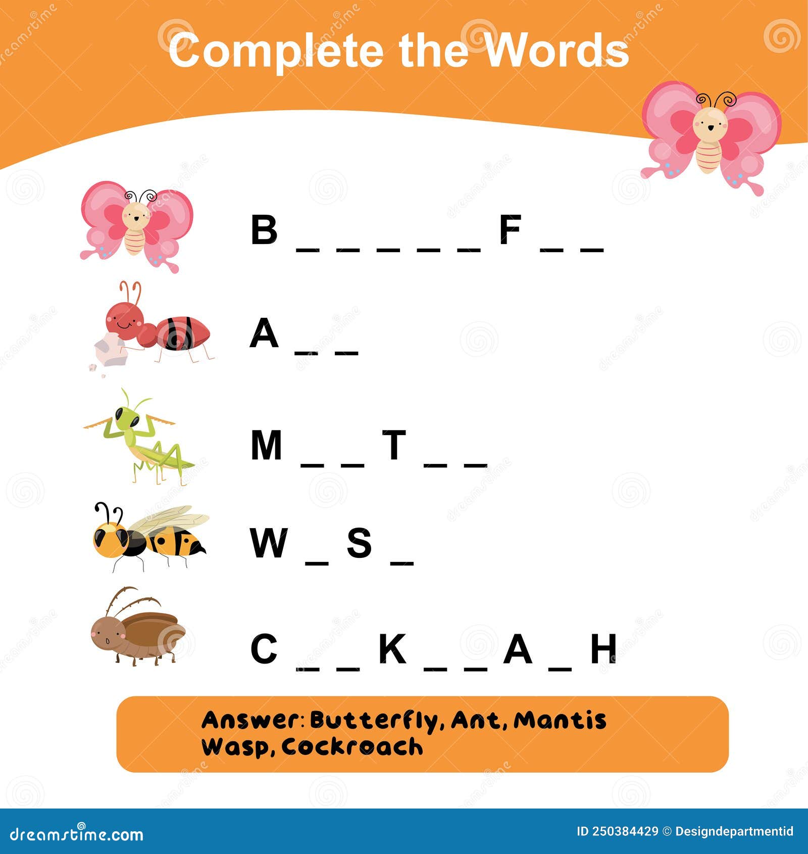 Complete the Words Worksheet Stock Vector - Illustration of education ...
