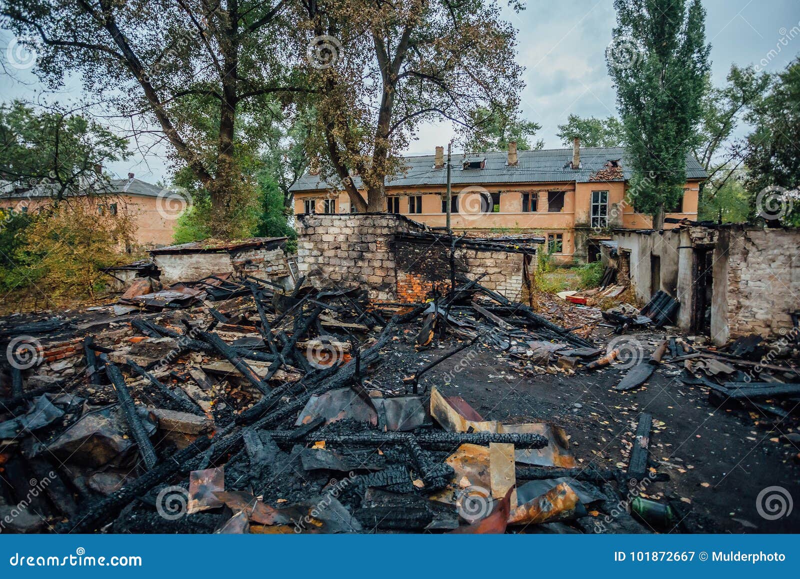 Completely Burned Wooden House in Destroyed by Fire District of the ...