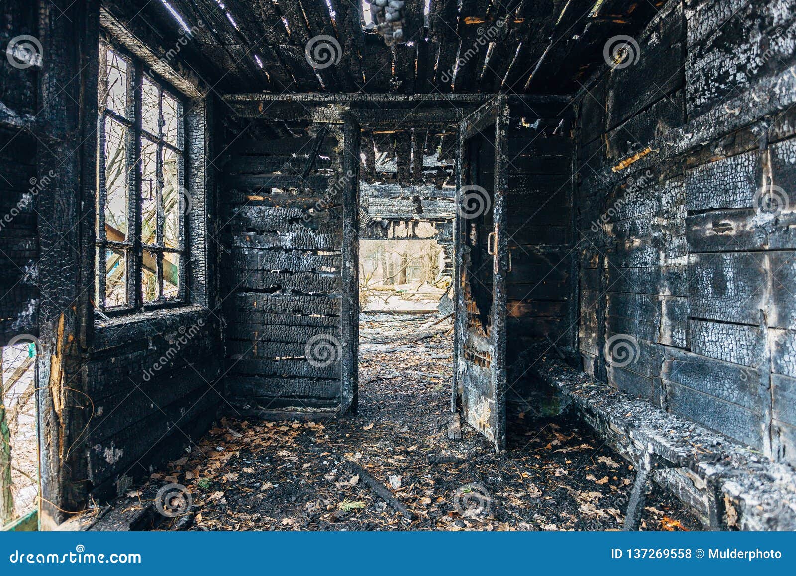 Completely Burnt Wooden House. Consequences of Fire Stock Photo - Image ...