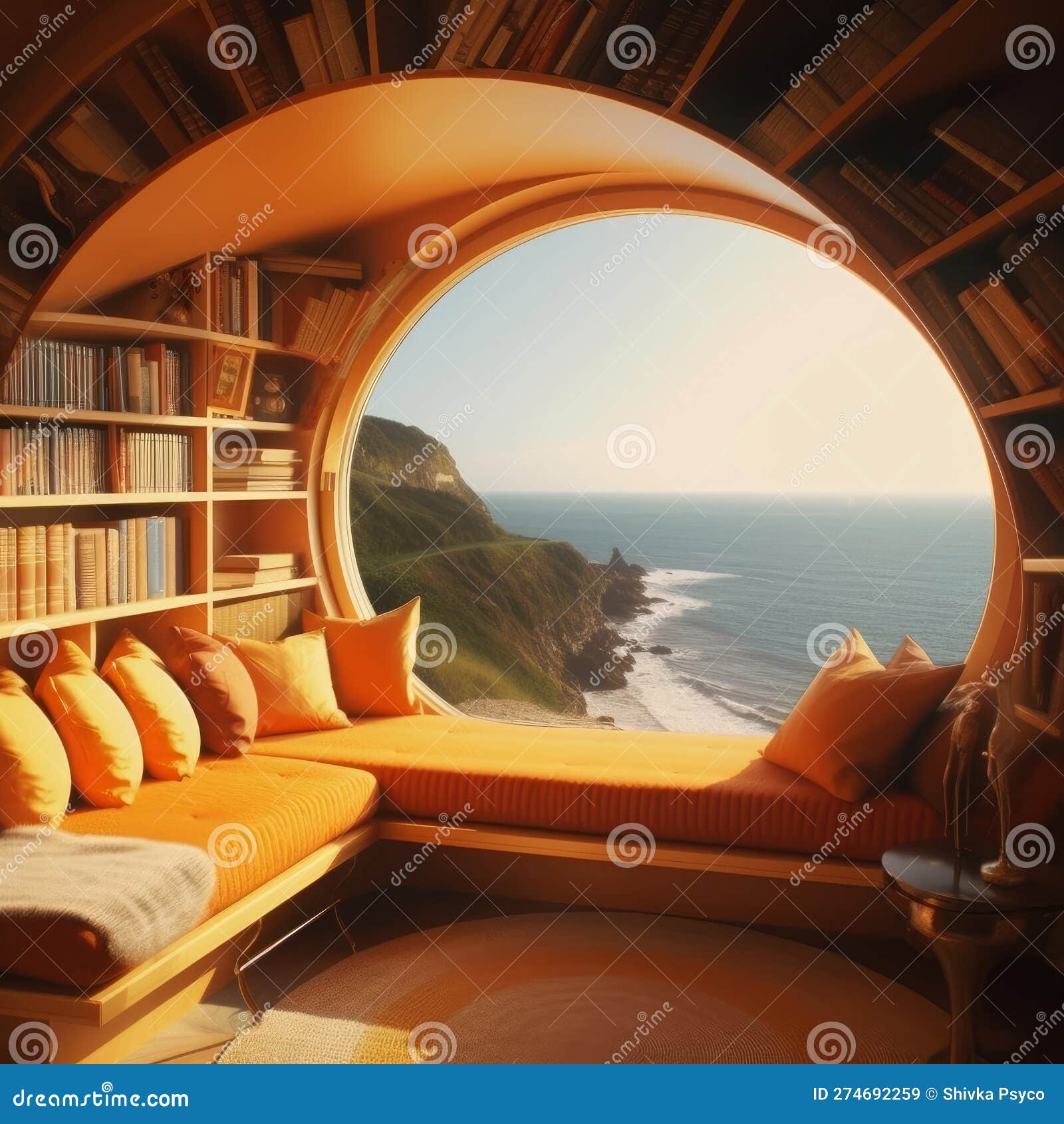Completely Circular Window Curved Shelves Gold Theme Generative AI ...