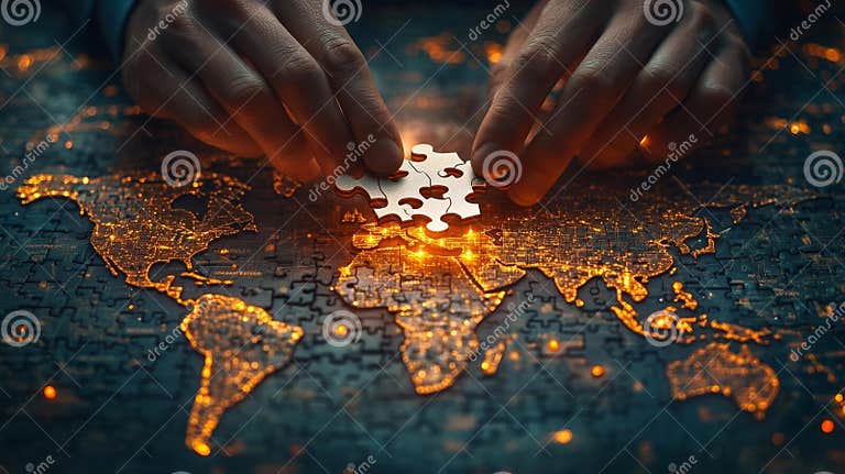 Completing a Glowing Map Puzzle: a Symbol of Global Unity Stock ...