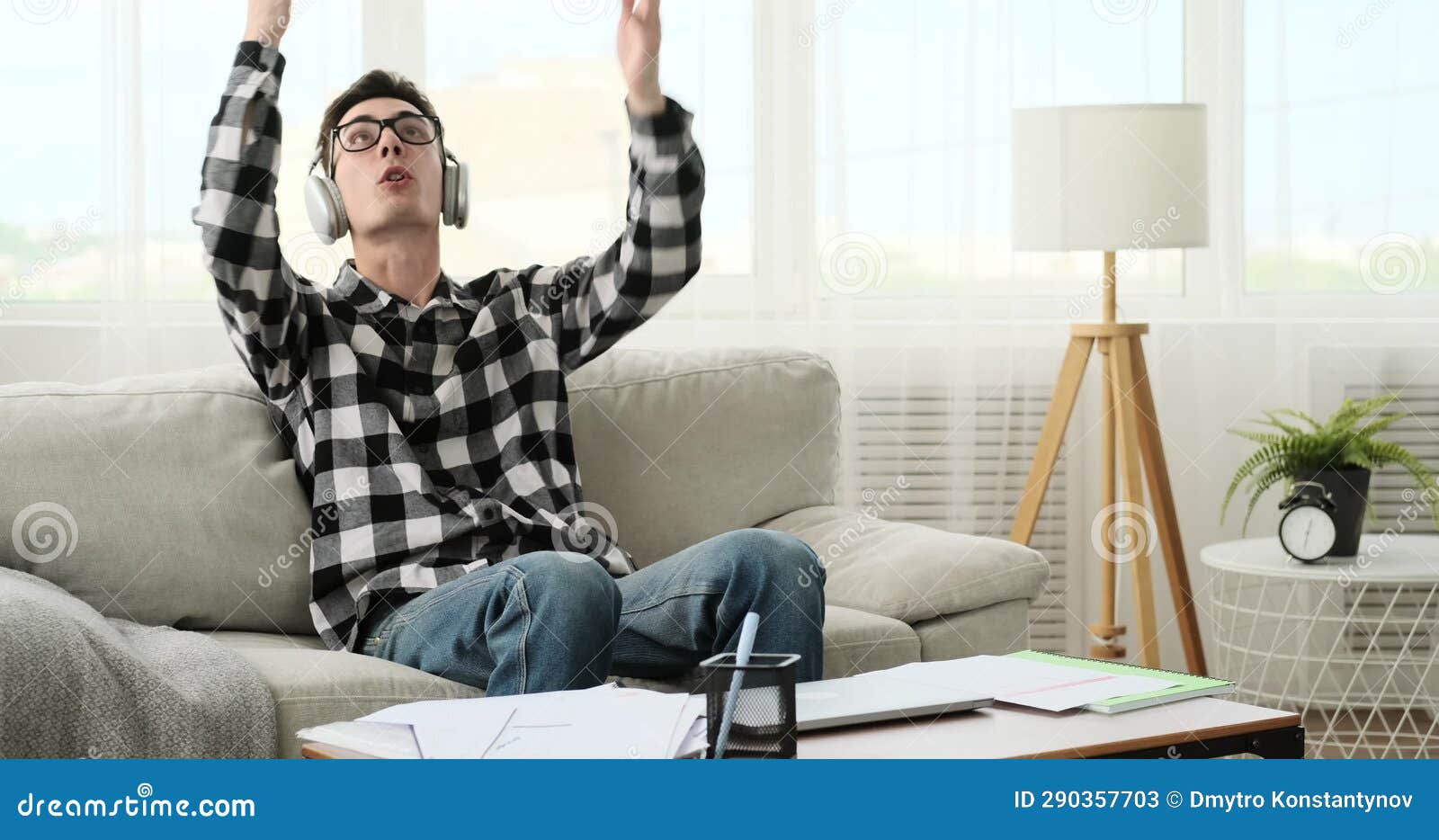 Dismayed Student Finishes Work and Sinks into Sofa with Documents Stock ...