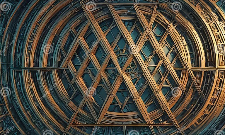 Complex, Abstract Metal Structure with Intersecting Lines and Circular Pattern Interlocking ...