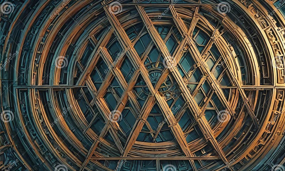 Complex, Abstract Metal Structure with Intersecting Lines and Circular Pattern Interlocking ...