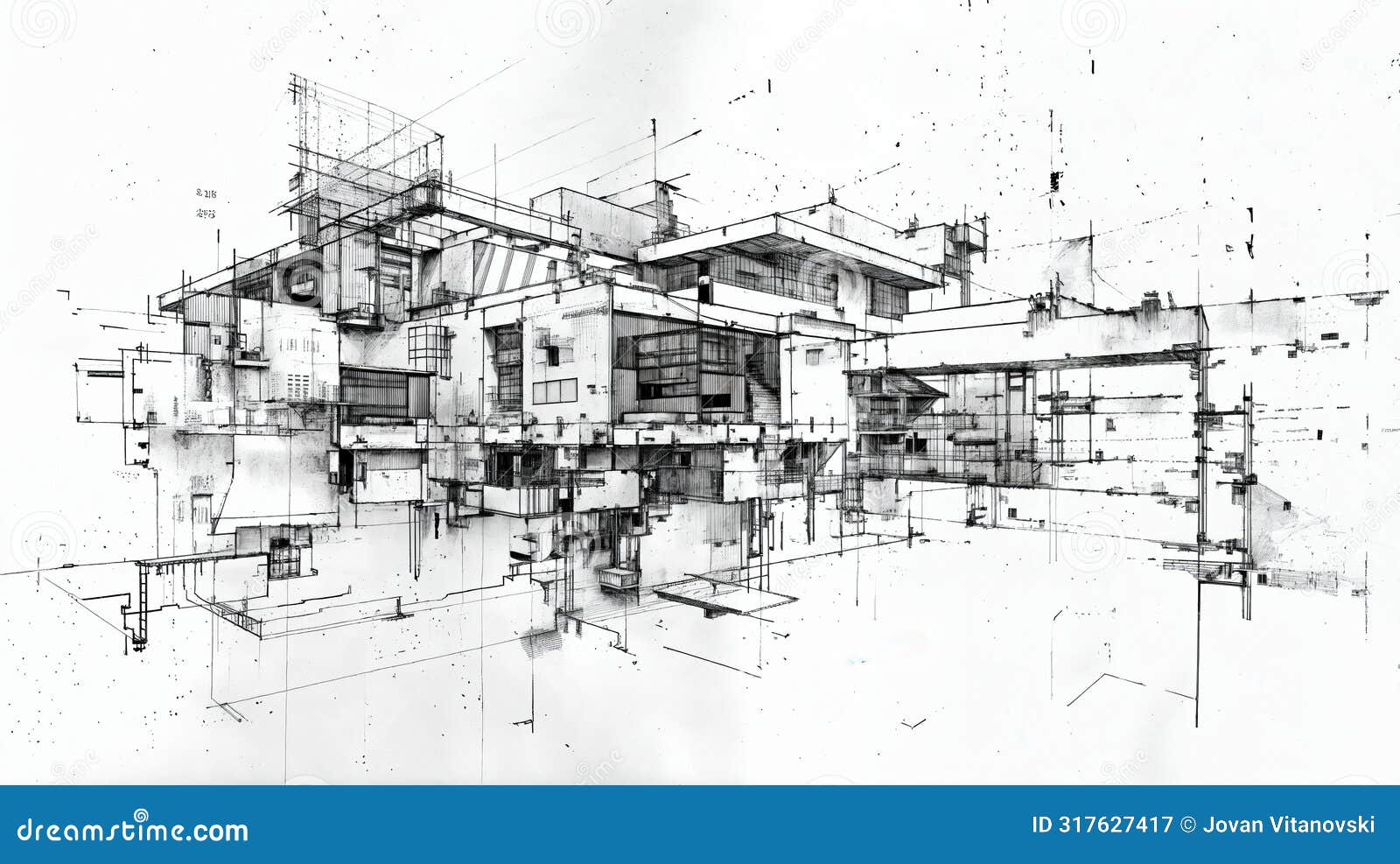 Complex Architectural Ink Drawing of a Modern Building Stock ...
