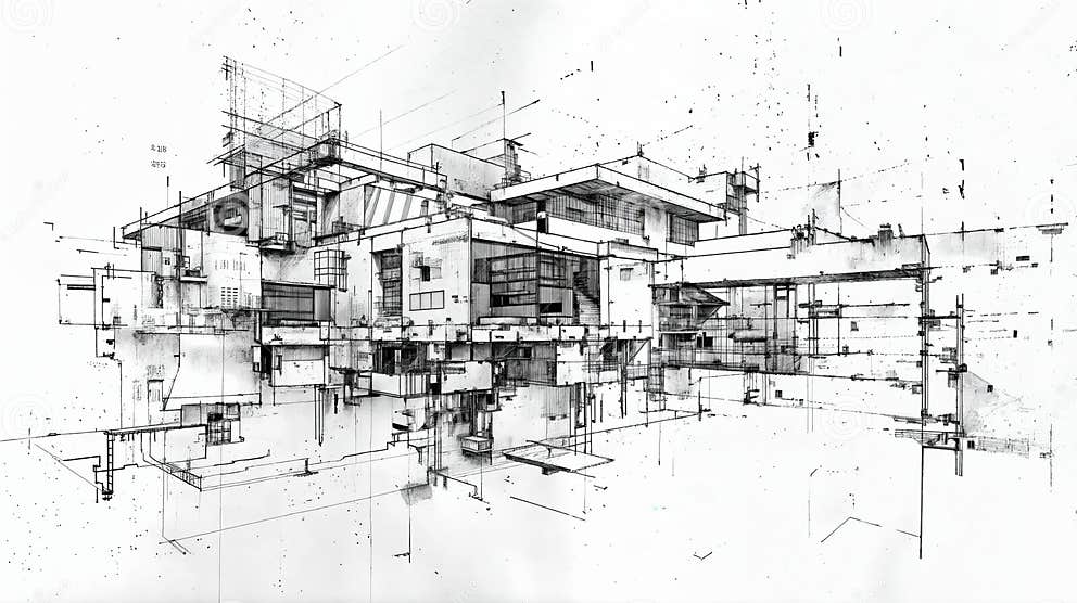 Complex Architectural Ink Drawing of a Modern Building Stock ...